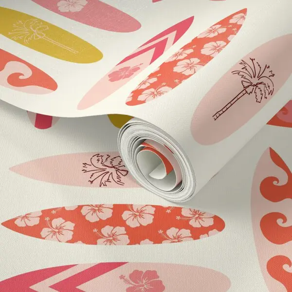 Spoonflower Pink Gold Hibiscus Palm Summer Beach Custom Pre-pasted Wallpaper - Gray,orange,pink