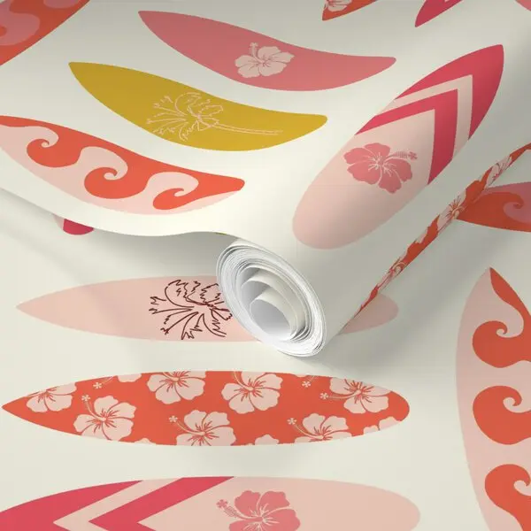 Spoonflower Pink Gold Hibiscus Palm Summer Beach Custom Pre-pasted Wallpaper - Gray,orange,pink