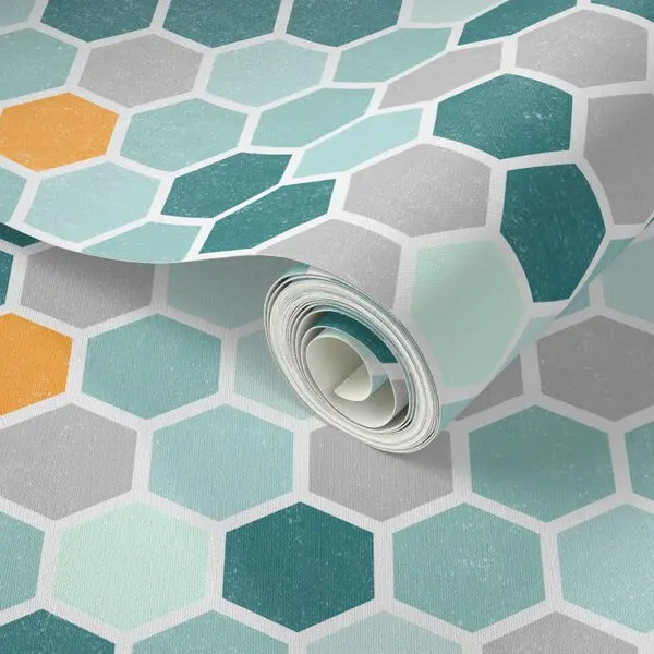 Spoonflower Teal Blue Mint Green Honeycomb Hexagon Tangerine Custom Removable Wallpaper - Blue,green,brown