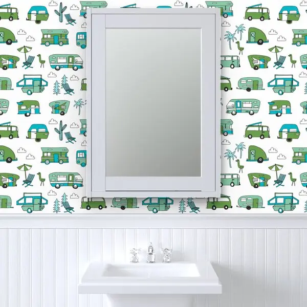 Spoonflower Vintage Summer Camping Camper Road Trip Van Rv Traditional Wallpaper - Mint,green