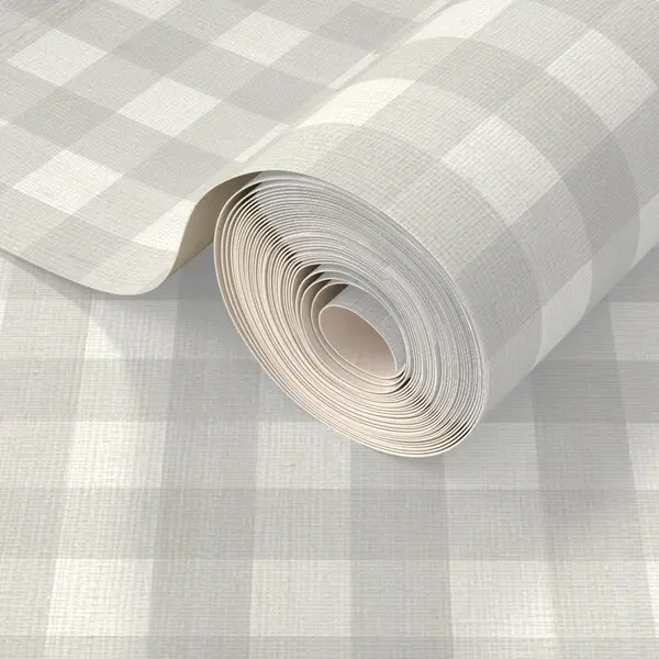 Spoonflower Light Buffalo Plaid Gingham 100% Natural Sisal Grasscloth Wallcovering - Gray,white