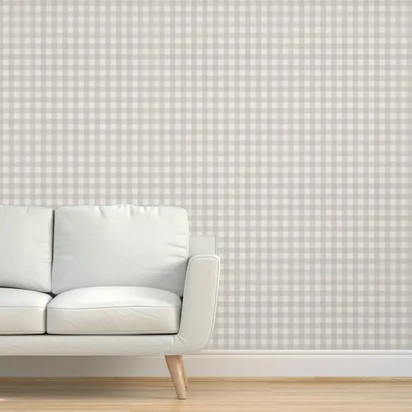 Spoonflower Light Buffalo Plaid Gingham 100% Natural Sisal Grasscloth Wallcovering - Gray,white
