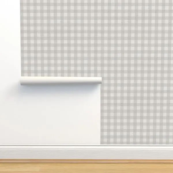 Spoonflower Light Buffalo Plaid Gingham 100% Natural Sisal Grasscloth Wallcovering - Gray,white