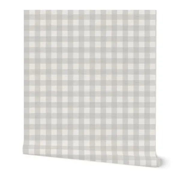 Spoonflower Light Buffalo Plaid Gingham 100% Natural Sisal Grasscloth Wallcovering - Gray,white