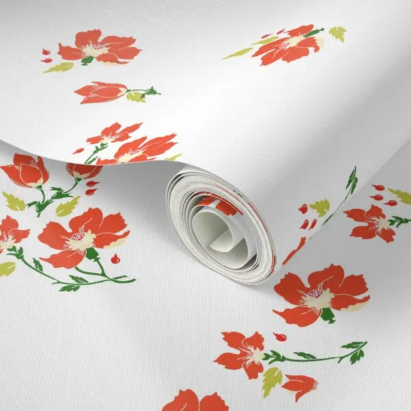 Spoonflower Vintage Floral Bright Flowers Bohemian Boho Retro Custom Pre-pasted Wallpaper - White,gray,brown