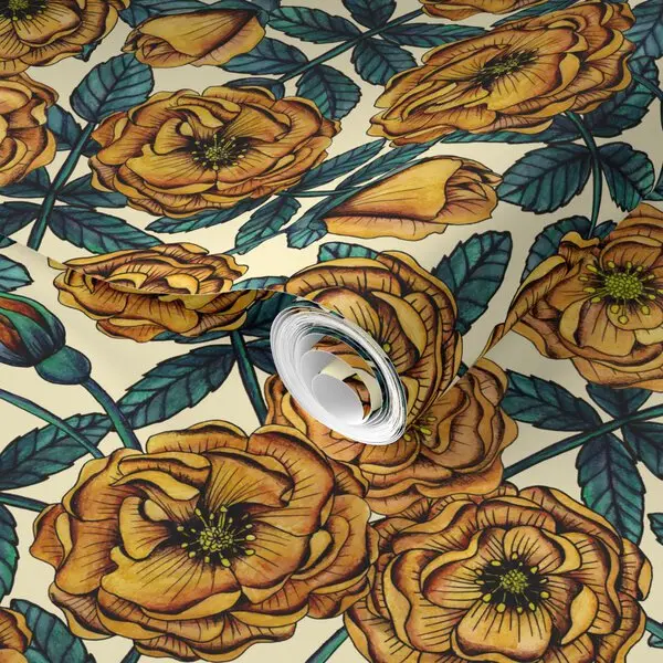 Spoonflower Flower Cream Yellow Flowers Floral Rose Custom Pre-pasted Wallpaper - Brown,blue,beige