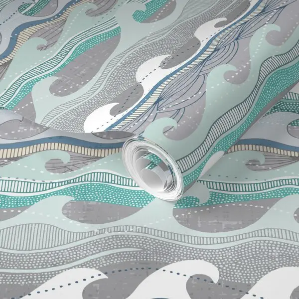 Spoonflower Blue Waves Ocean Sea Nature Boho Bohemian Vintage Traditional Wallpaper - Gray,blue,white