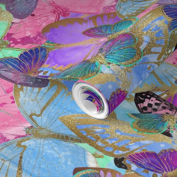 Spoonflower Pink Blue Butterfly Purple Gold Mint Custom Pre-pasted Wallpaper - Purple,blue,pink