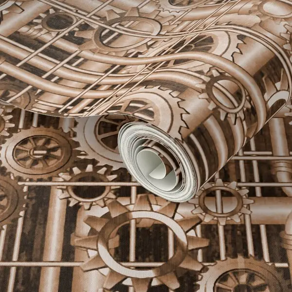 Spoonflower Gears Pipes Steampunk Mechanical Plumbing Custom Pre-pasted Wallpaper - Brown,pink,green