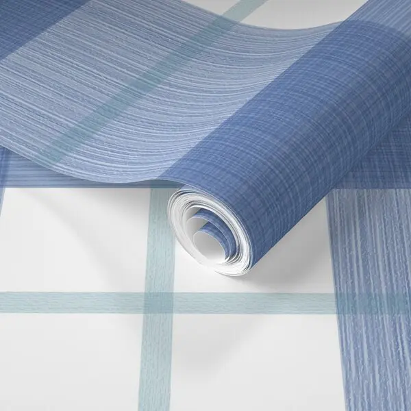 Spoonflower Green Blue Plaid Buffalo Gingham Aqua Check Custom Pre-pasted Wallpaper - Blue,white