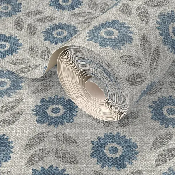 Spoonflower Block Printed Sunflowers In Blue Scandi Leaf 100% Natural Sisal Grasscloth Wallcovering - Blue,grey