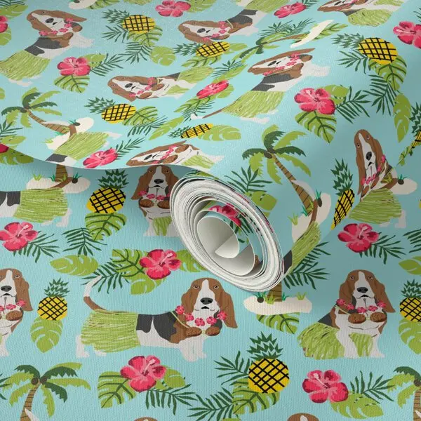 Spoonflower Dog Dogs Summer Tropical Hula Basset Hound Hounds Custom Pre-pasted Wallpaper - Green,brown,mint