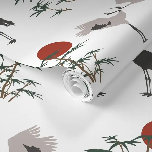Spoonflower Branches Birds Oriental Crane Bamboo Japanese Custom Pre-pasted Wallpaper - Gray,brown