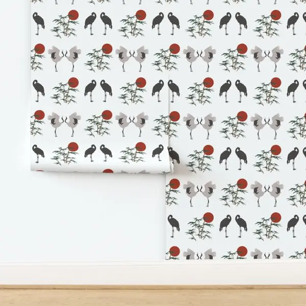 Spoonflower Branches Birds Oriental Crane Bamboo Japanese Custom Pre-pasted Wallpaper - Gray,brown