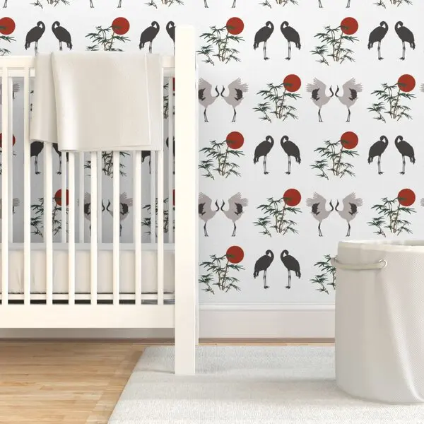 Spoonflower Branches Birds Oriental Crane Bamboo Japanese Custom Pre-pasted Wallpaper - Gray,brown