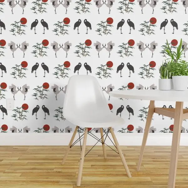 Spoonflower Branches Birds Oriental Crane Bamboo Japanese Custom Pre-pasted Wallpaper - Gray,brown