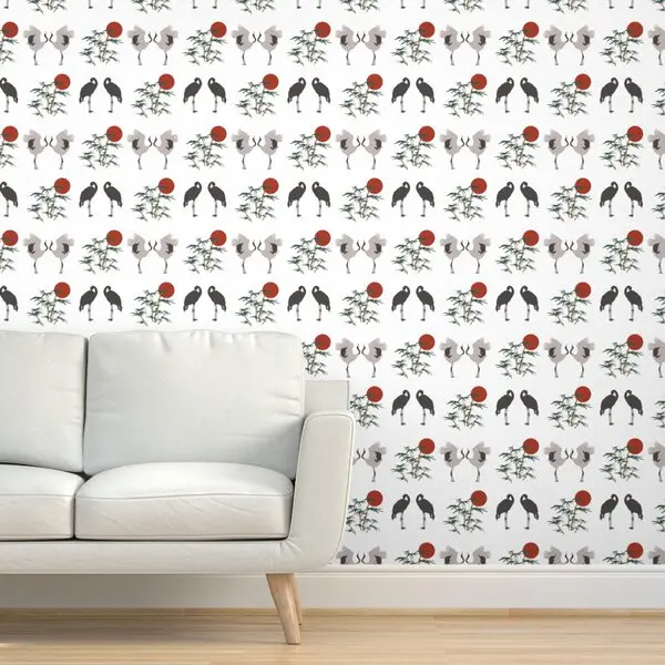 Spoonflower Branches Birds Oriental Crane Bamboo Japanese Custom Pre-pasted Wallpaper - Gray,brown
