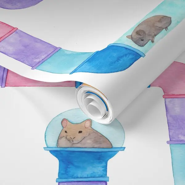 Spoonflower Cute Animal Painting Pet Watercolour Tunnel Rodent Custom Pre-pasted Wallpaper - Gray,purple,blue