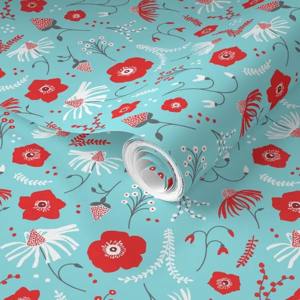 Spoonflower White Blue Red Winter Coneflower Bloom Floral Custom Pre-pasted Wallpaper - Blue,pink,green