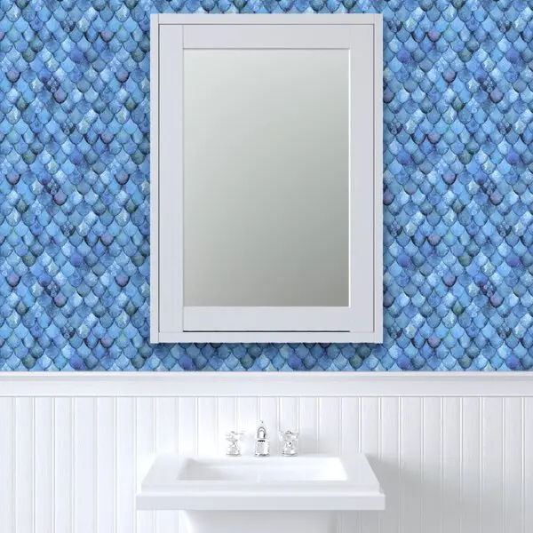 Spoonflower Ocean Scallop Mermaid Brocade Silver Fish Custom Pre-pasted Wallpaper - Blue