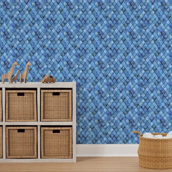Spoonflower Ocean Scallop Mermaid Brocade Silver Fish Custom Pre-pasted Wallpaper - Blue