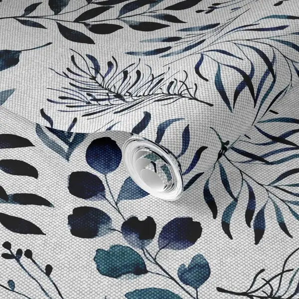 Spoonflower Leaves Nature Indigo Botanical Watercolour Custom Pre-pasted Wallpaper - Blue,gray