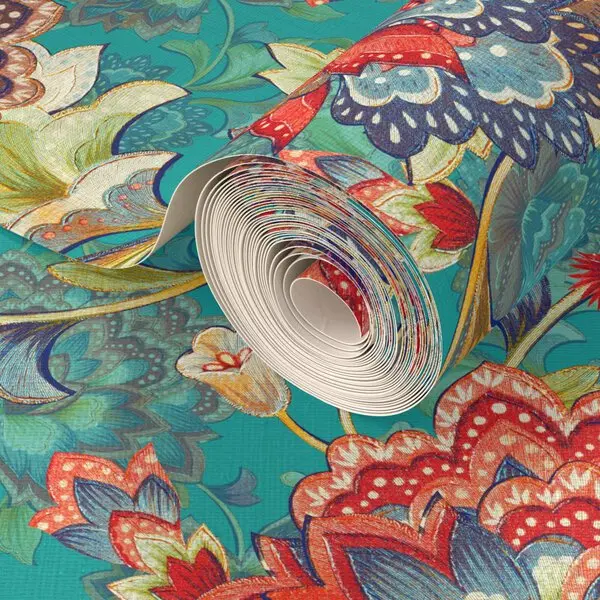 Spoonflower Red Chintz Emerald Aqua Nature Chinoiserie Custom Pre-pasted Wallpaper - Red,green,teal