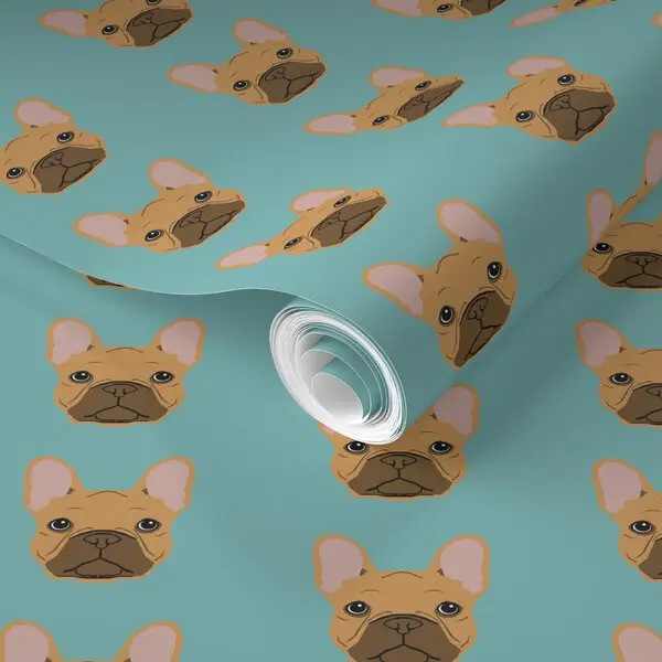 Spoonflower Dog Dogs French Bulldog Frenchie Bulldogs Head Custom Pre-pasted Wallpaper - Teal,brown,blue