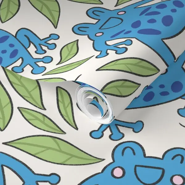 Spoonflower Blue Leaves Animals Frog Fun Custom Pre-pasted Wallpaper - Gray,blue,green