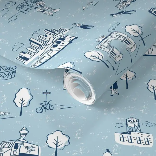 Spoonflower Light Blue Toile Urban Navy Modern Custom Removable Wallpaper - Blue,white