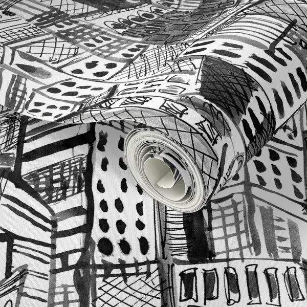 Spoonflower Black White Painterly City Landscape Sky Custom Pre-pasted Wallpaper - Black,gray,white