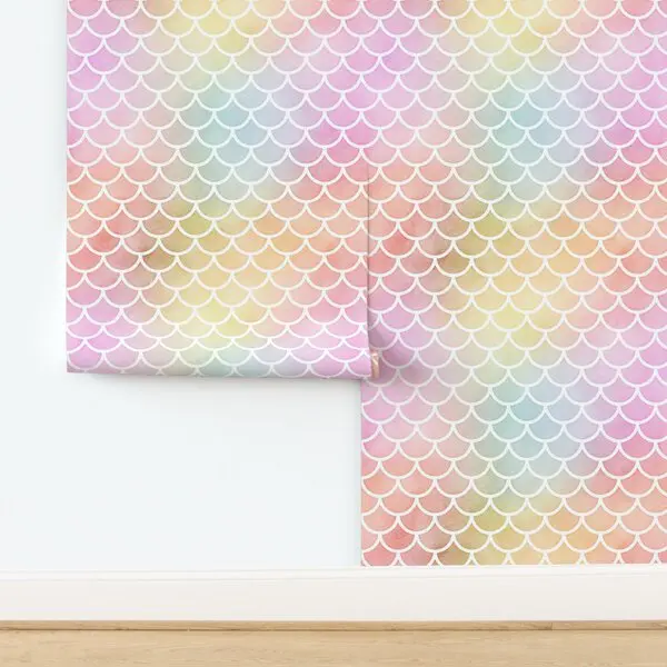 Spoonflower Pastel Watercolor Scale Pattern Kawaii Custom Pre-pasted Wallpaper
