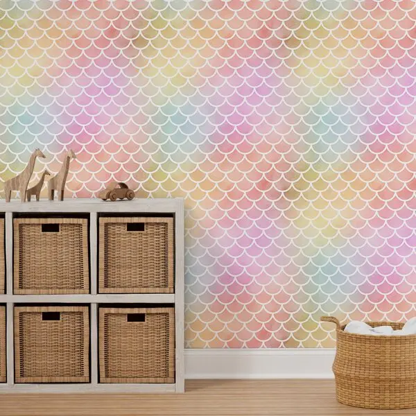 Spoonflower Pastel Watercolor Scale Pattern Kawaii Custom Pre-pasted Wallpaper