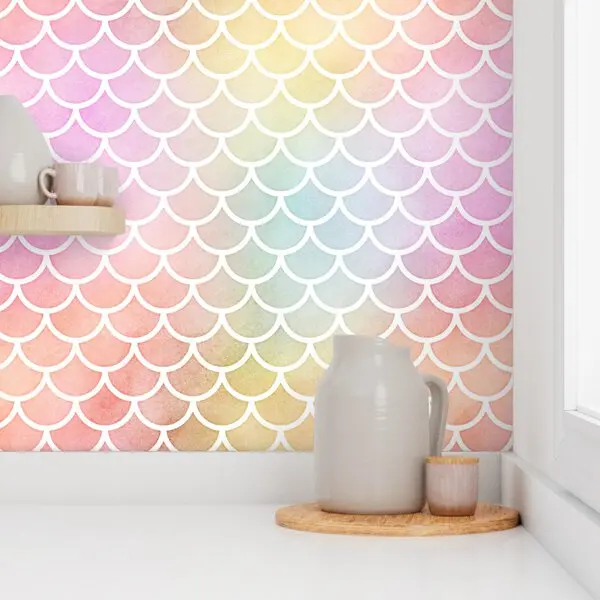Spoonflower Pastel Watercolor Scale Pattern Kawaii Custom Pre-pasted Wallpaper