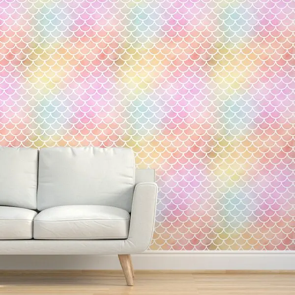 Spoonflower Pastel Watercolor Scale Pattern Kawaii Custom Pre-pasted Wallpaper