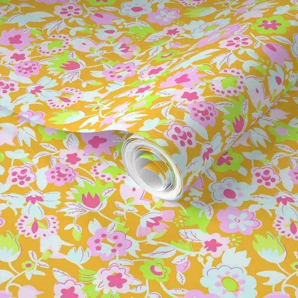Spoonflower Pink Green Yellow Flowers Floral Nature Spring Traditional Wallpaper - Pink,yellow