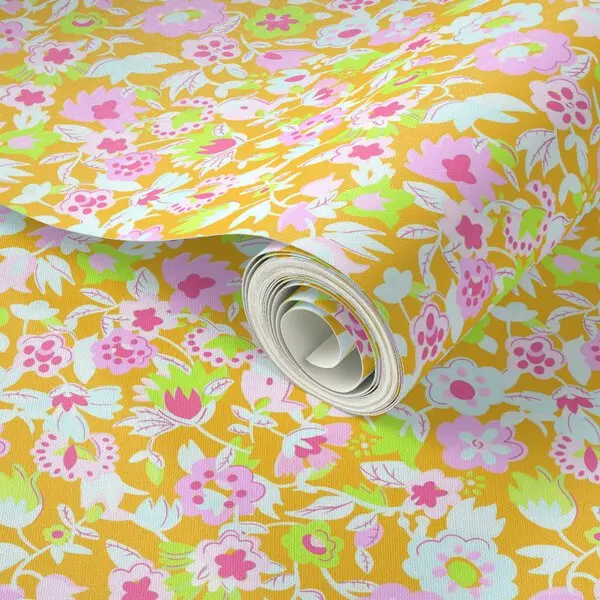Spoonflower Pink Green Yellow Flowers Floral Nature Spring Custom Pre-pasted Wallpaper - Pink,yellow