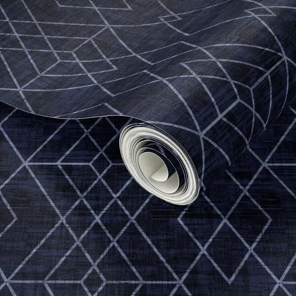 Spoonflower Texture Geometric Grid Navy Blue White Black Custom Pre-pasted Wallpaper - Black,blue