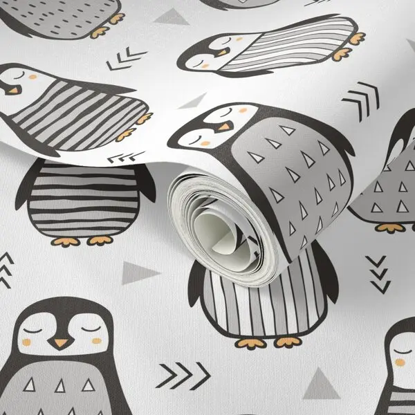 Spoonflower Penguins Sweater Geometric Triangles Gray White Custom Pre-pasted Wallpaper - Black,white,gray