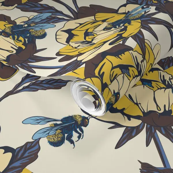 Spoonflower Cream Blue Yellow Brown Floral Navy Custom Pre-pasted Wallpaper - Blue,beige,brown