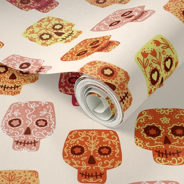 Spoonflower Yellow Orange Sugar Skulls Mexico Day Of The Dead Custom Pre-pasted Wallpaper - Beige,brown,orange