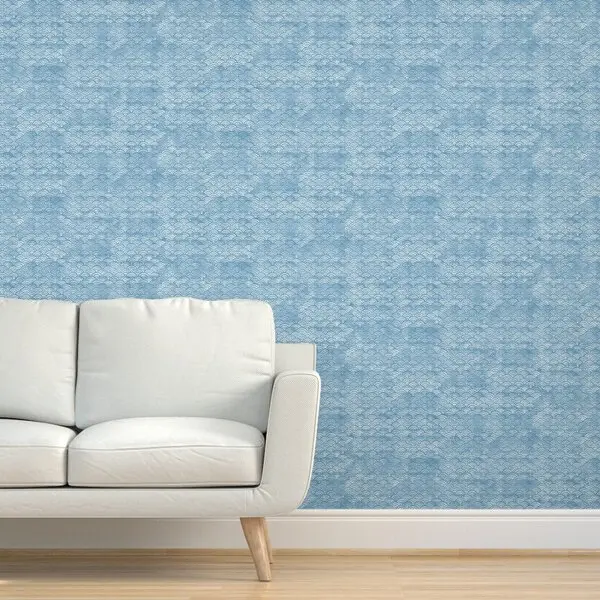 Spoonflower Azure Block Japanese Hand Printed Pattern Seigaiha Custom Pre-pasted Wallpaper - Blue