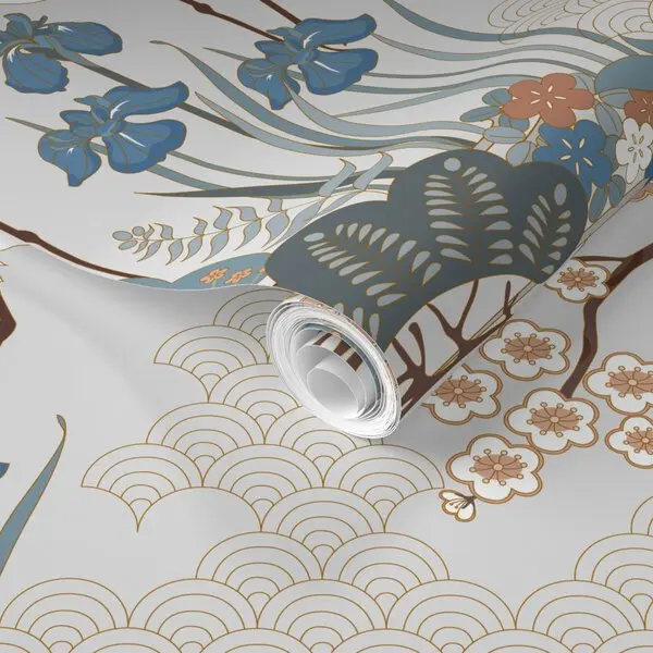 Spoonflower Japanese Garden Light Grey Asian Floral Birds Custom Pre-pasted Wallpaper - Gray,blue,white