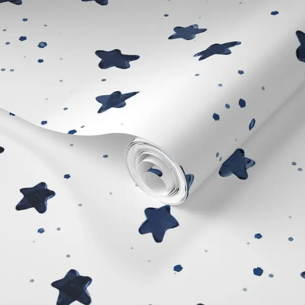 Spoonflower Star Stars Blue Twinkle Watercolor Navy Traditional Wallpaper - Blue,gray