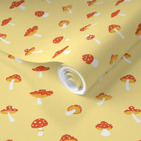 Spoonflower Kawaii Mushroom Toadstool Autumn Red Yellow Funghi Traditional Wallpaper - Yellow,red,brown
