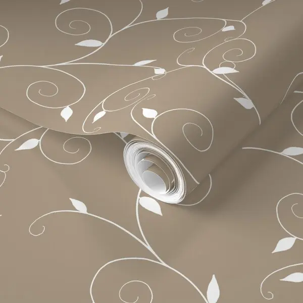 Spoonflower Curly Vines Leaves Taupe Custom Pre-pasted Wallpaper - Brown,gray,pink