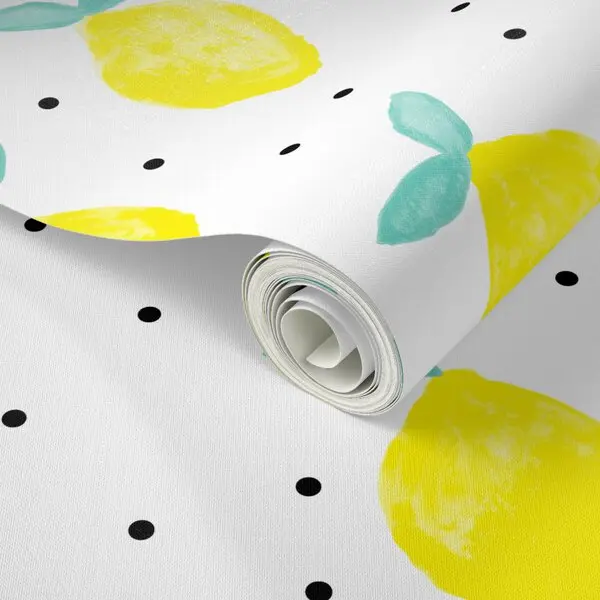 Spoonflower Fresh Lemons White Lemon Trendy Summer Fruit Custom Removable Wallpaper - Yellow,white,gray