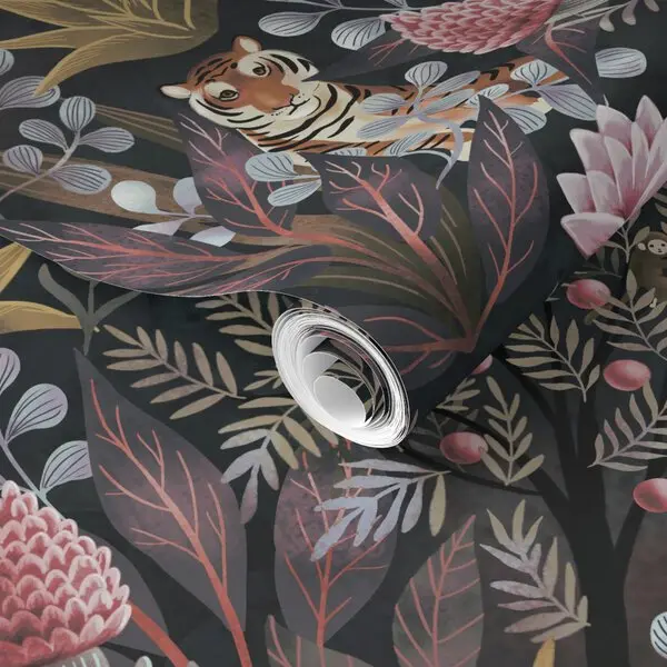 Spoonflower Jungle Tiger Animalier Rousseau Maximalist Exotic Custom Removable Wallpaper - Gray,purple,pink