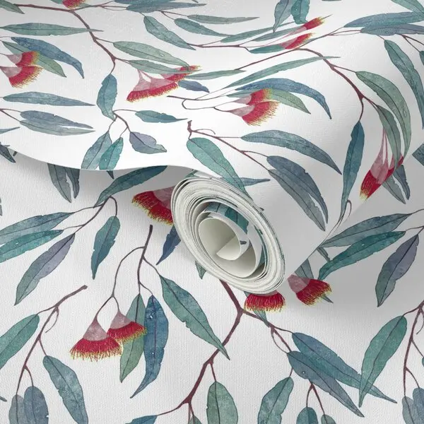 Spoonflower Eucalyptus Leaves Flowers White Floral Botanical Custom Pre-pasted Wallpaper - White,blue,red