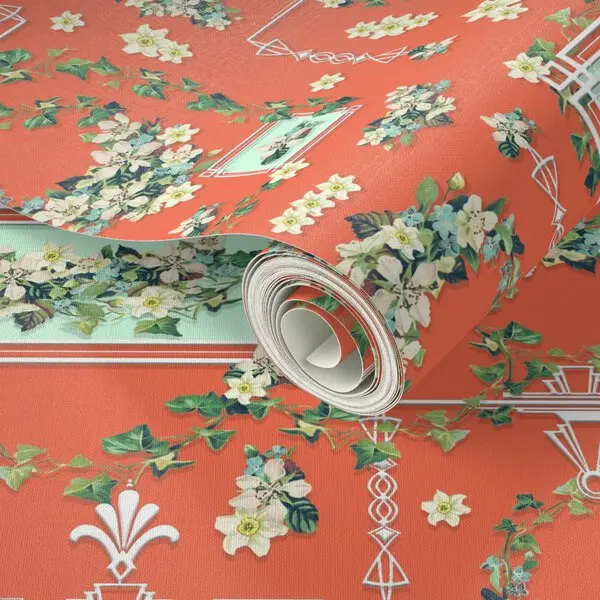 Spoonflower Floral Orange Art Deco Ivy Garden Traditional Custom Pre-pasted Wallpaper - Coral,sage,green
